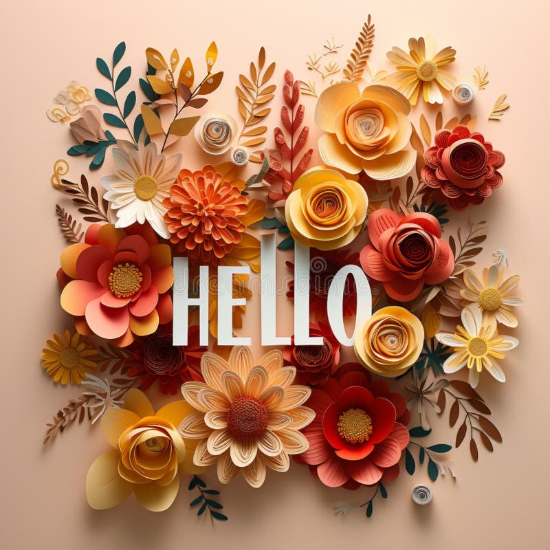 Hello Text in Papercut Form and Flowers Craftsmanship Stock ...