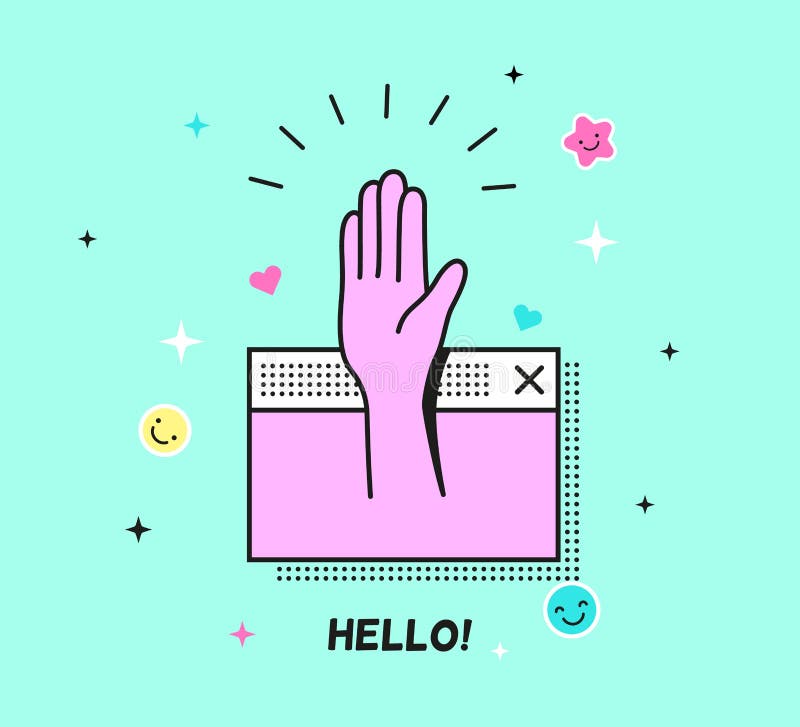Hello Retro Poster. Vintage Computer Web Window with Hand in Greeting ...