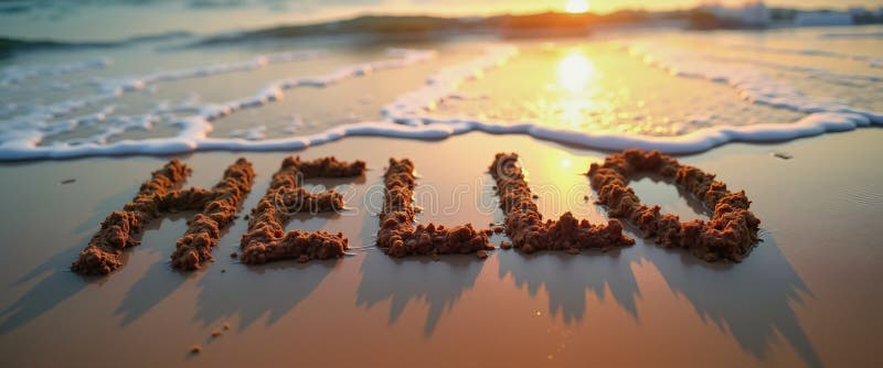 "Hello" in Sand on Sunset Beach, Perfect for Welcoming Summer Themes ...