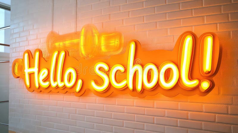 Hello, School!? in Bold Yellow-Orange Font with Warm Backlight and ...