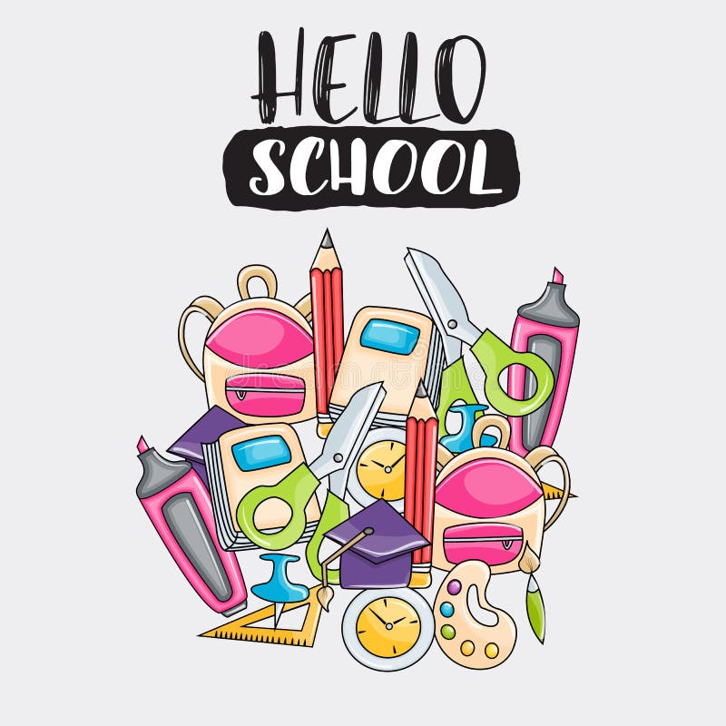 Hello School Doodle Clip Art Greeting Card Stock Vector - Illustration ...