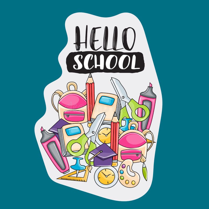 Hello School Doodle Clip Art Greeting Card Stock Vector - Illustration ...