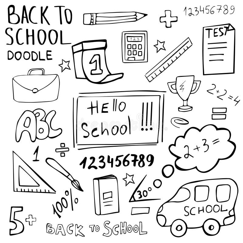 Hello School Doodle Set Hand Drawn. Back To School Vector Icon ...