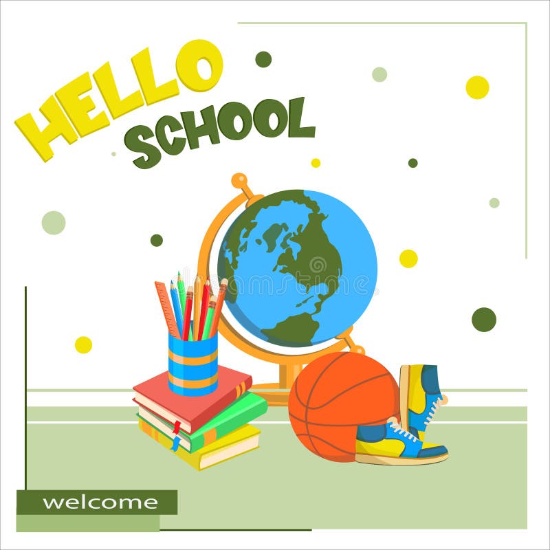 Cute Hello School Poster with Elements of School Supplies. Stock Vector ...