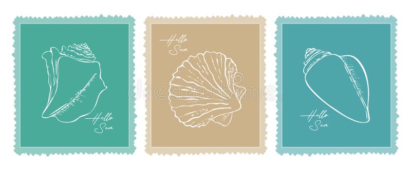 Hello Sea Set of Seashells Drawn on Stamps, Summer Vacation, Sea ...