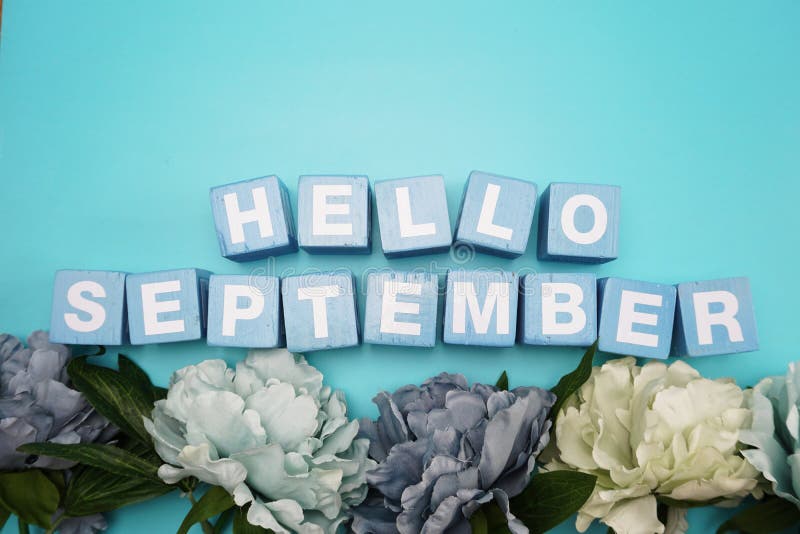 Hello September Alphabet Letters with Flower Bouquet on Blue Background ...