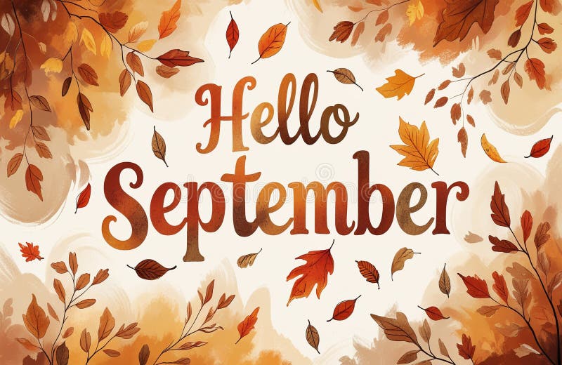 Hello September Autumn Design with Falling Leaves Stock Illustration ...