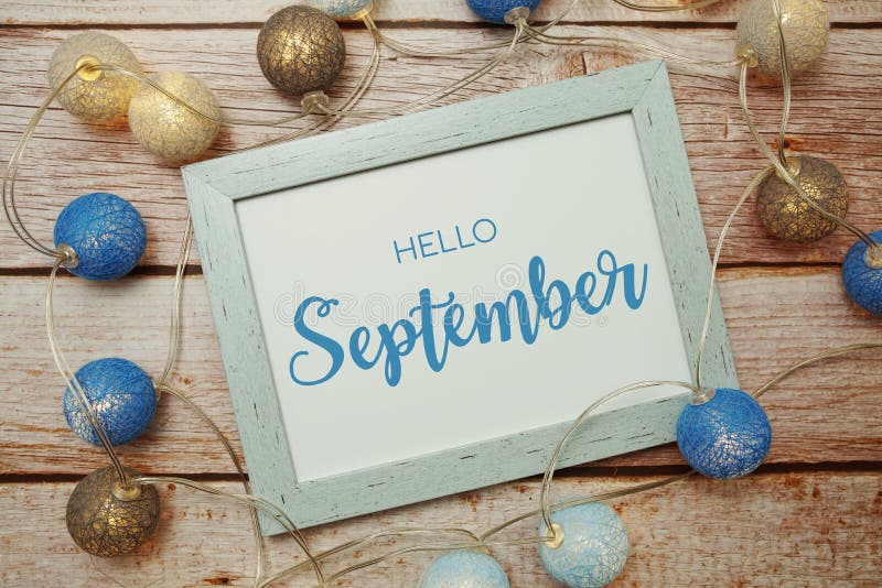 Hello September Word in Light Box and Flower Bouquet Stock Image ...