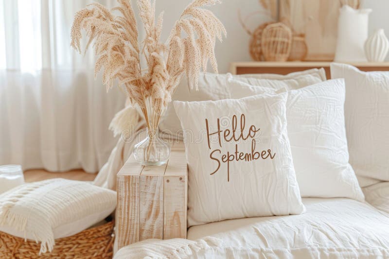 Hello September Cushion on Cozy Bed with Pampas Grass Stock ...