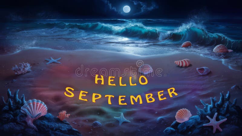Hello September Greeting Card with Beach Theme Stock Illustration ...