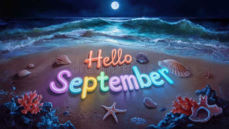 Hello September Greeting Card with Beach Theme Stock Illustration ...