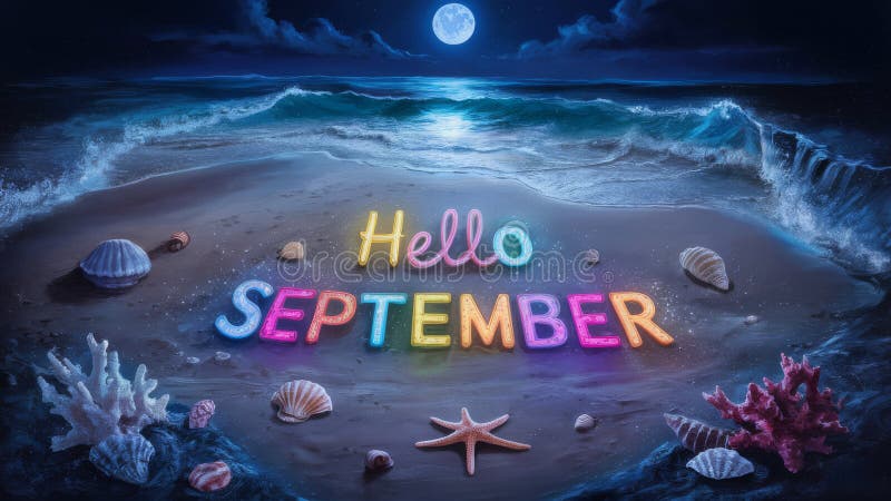 Hello September Greeting Card with Beach Theme Stock Illustration ...