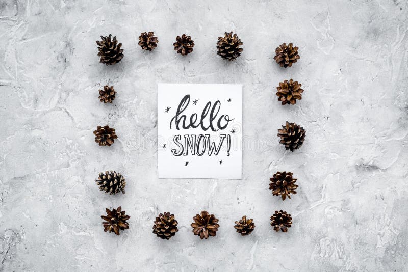 Hello Snow Hand Lettering. Winter Pattern with Pinecones on Grey ...