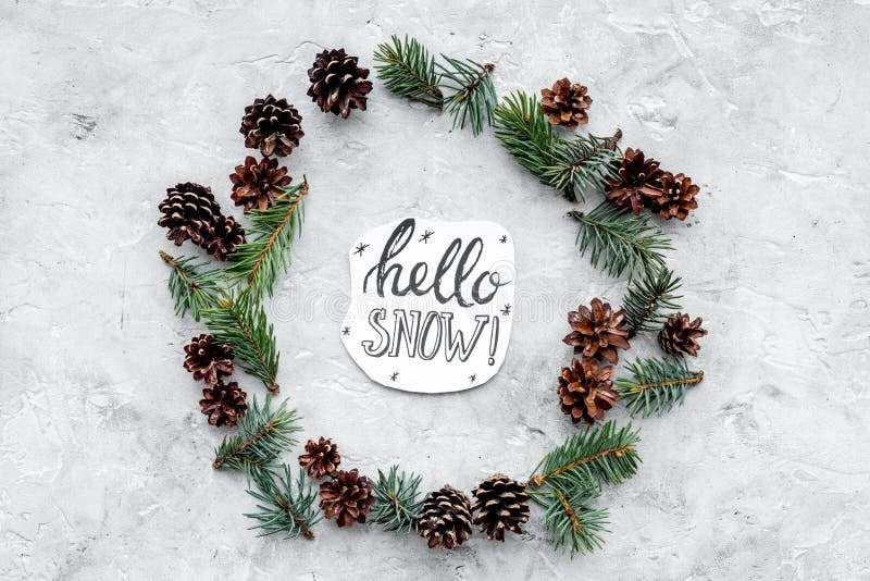 Hello Snow Hand Lettering. Winter Pattern with Spruce Branch and Cones ...