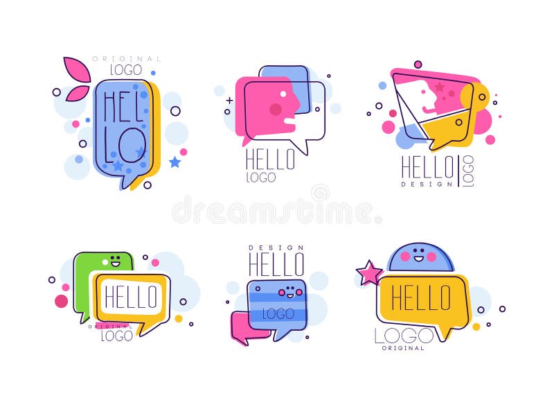 Hello Speech Bubble Logo Design with Smile and Face Vector Set Stock ...