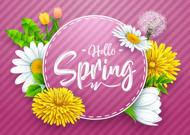 Hello Spring Banner with Round Frame and Various Flower on Striped ...