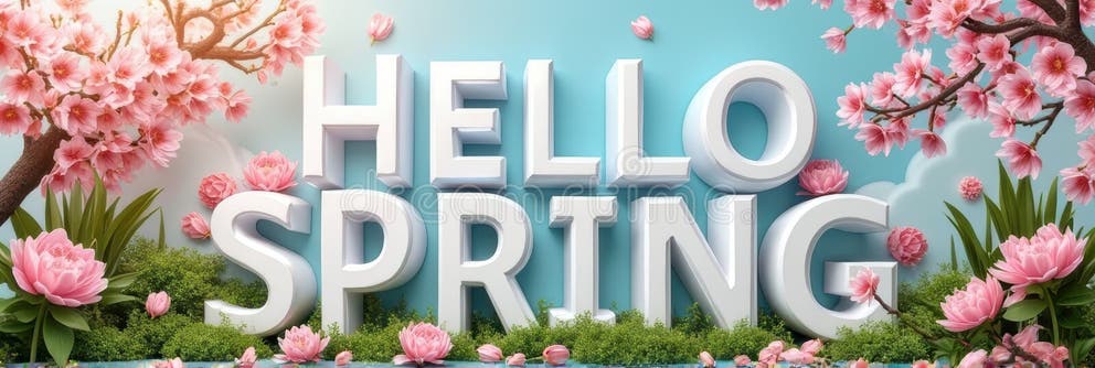 Hello Spring with Blooming Cherry Blossoms and Lush Greenery Stock ...