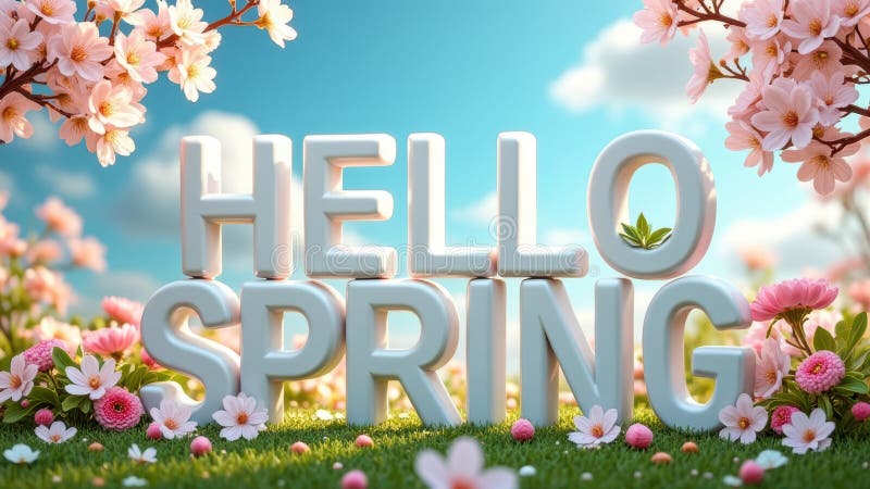Hello Spring: Blooming Flowers and Bright Blue Sky Scene Stock Image ...