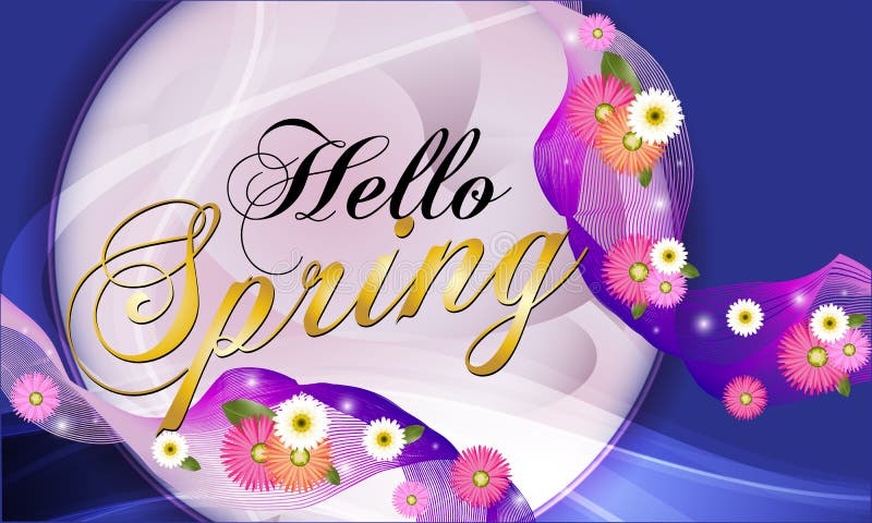 Hello Spring, Blue Background with Beautiful Flowers.Vector ...