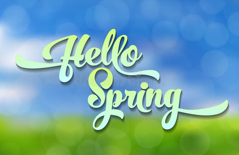 Hello Spring. Blue-green Stylized Inscription Decorated with Foliage ...