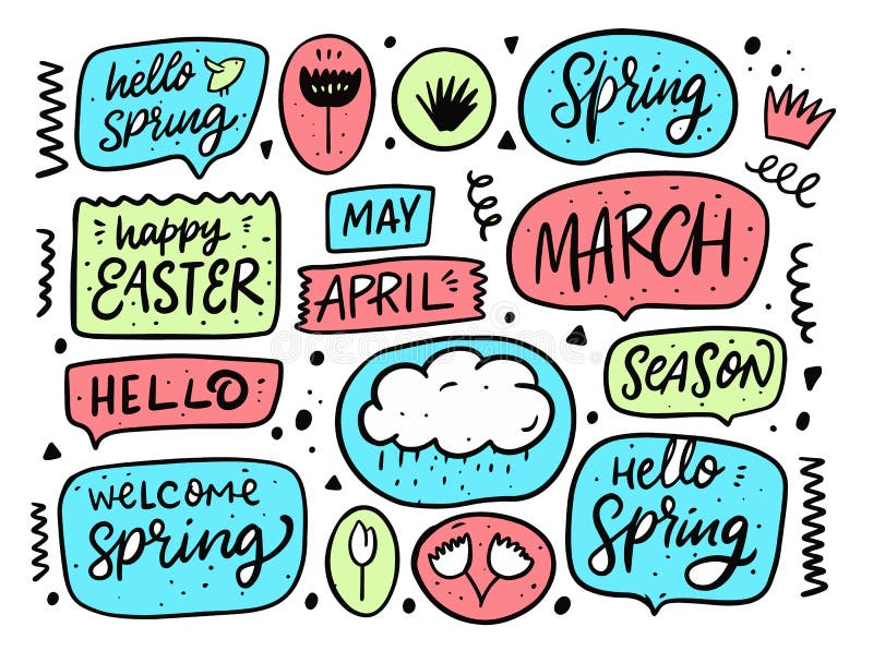 Hello Spring Bubble Speech Set. Doodle Elements. Hand Drawn Vector ...