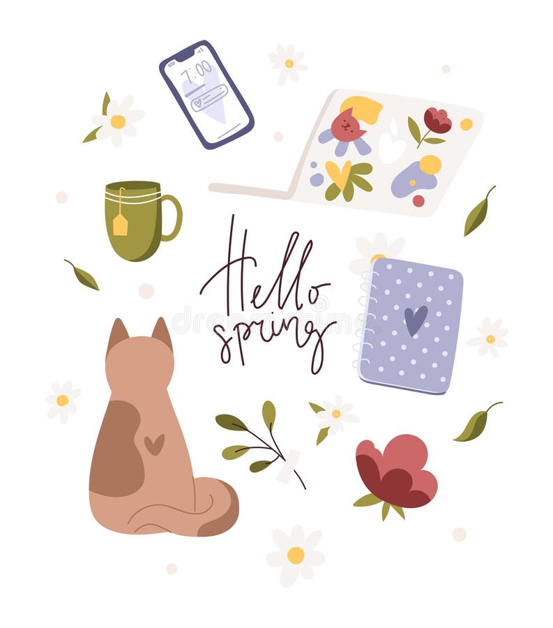 Hello Spring Card, Contemporary Art. Seasonal Objects Collection, Hand ...