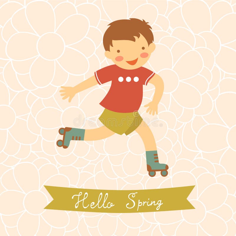Hello Spring Card with Cute Little Boy Stock Vector - Illustration of ...