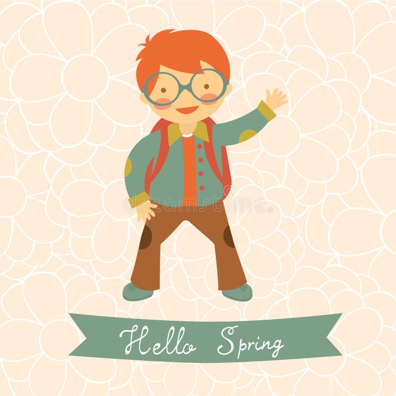 Hello Spring Card with Cute Little Boy Stock Vector - Illustration of ...