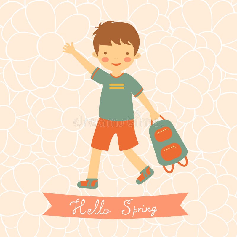 Hello Spring Card with Cute Little Boy Stock Vector - Illustration of ...