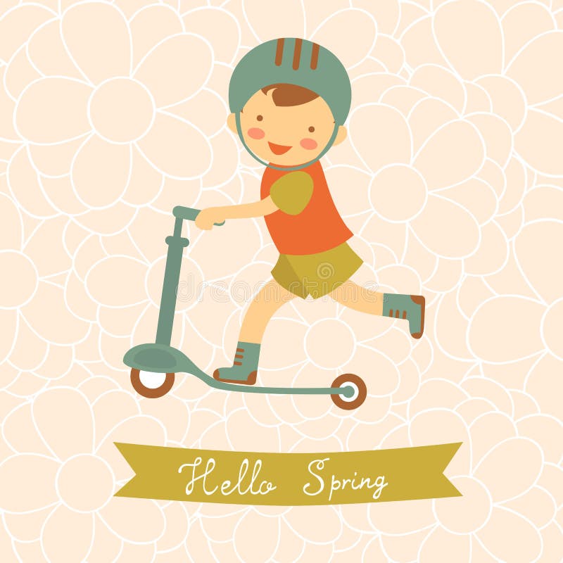 Hello Spring Card with Cute Little Boy Stock Vector - Illustration of ...