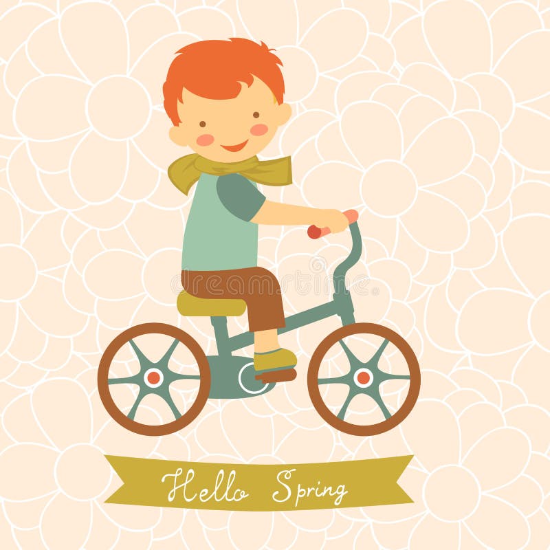 Hello Spring Card with Cute Little Boy Stock Vector - Illustration of ...