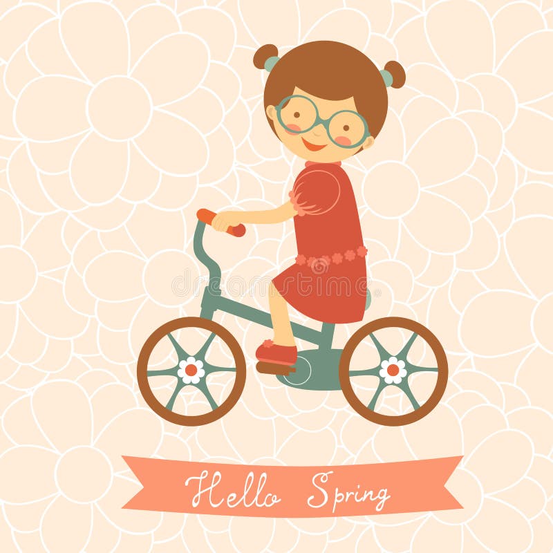 Hello Spring Card with Cute Little Girl Stock Vector - Illustration of ...