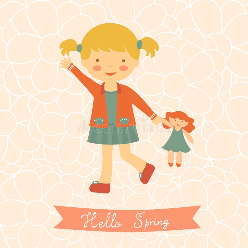 Hello Spring Card with Cute Little Girl Stock Vector - Illustration of ...