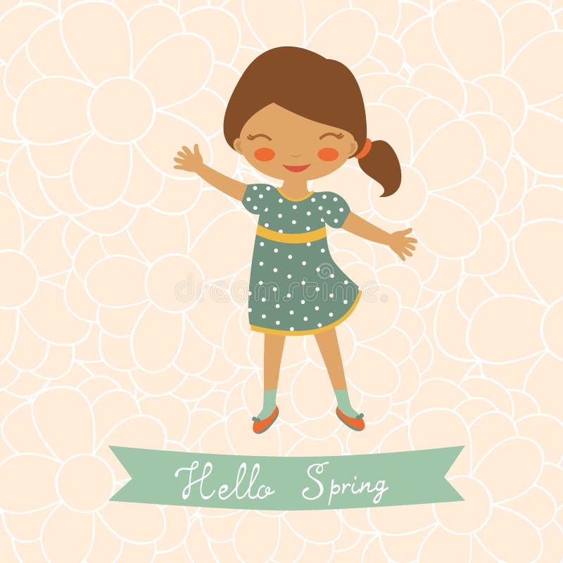 Hello Spring Card with Cute Little Girl Stock Vector - Illustration of ...