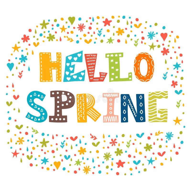 Hello Spring Card with Decorative Design Elements. Cute Greeting Stock ...