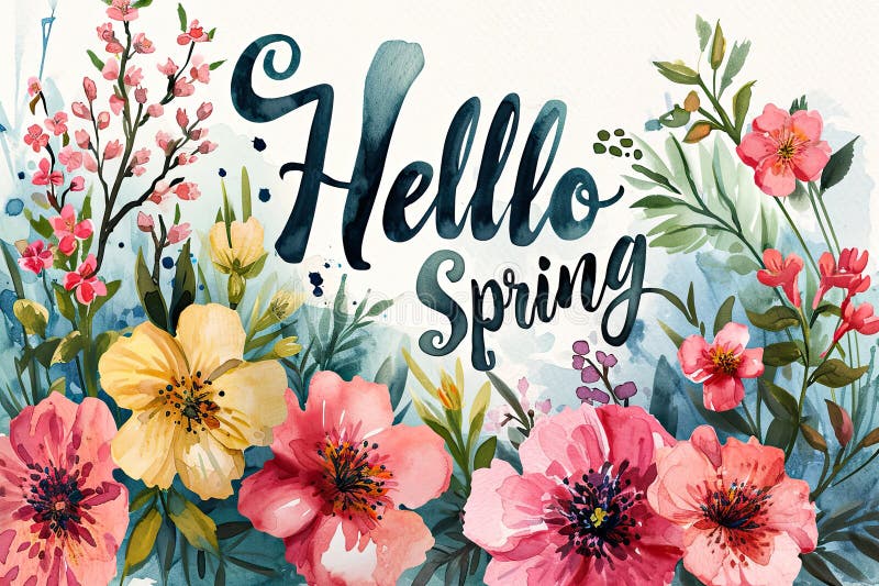 Hello Spring Card Wit Flowers Watercolor Illustration Stock ...