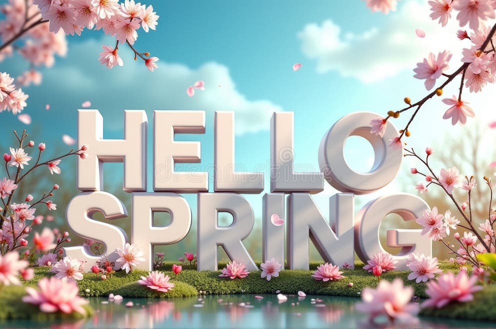 Hello Spring: Cherry Blossoms and Clouds Surrounding Text in Lush ...