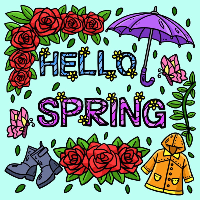 Hello Spring Colored Cartoon Illustration Stock Vector - Illustration ...