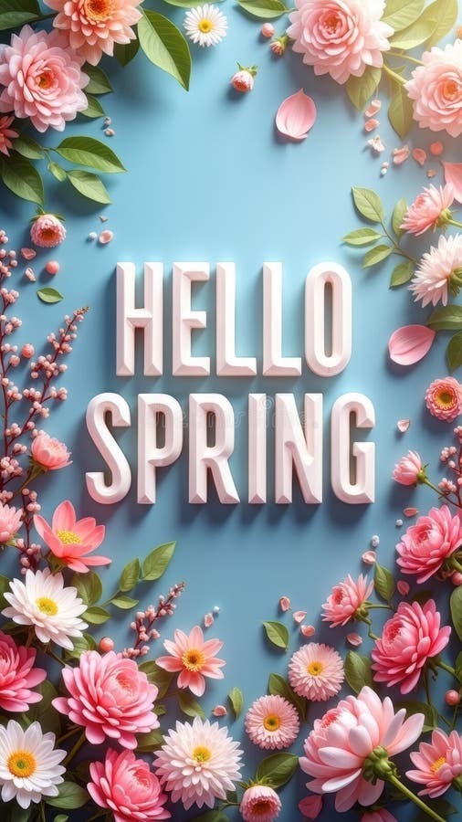 Hello Spring with Colorful Pink Flowers on Blue Background Stock Photo ...