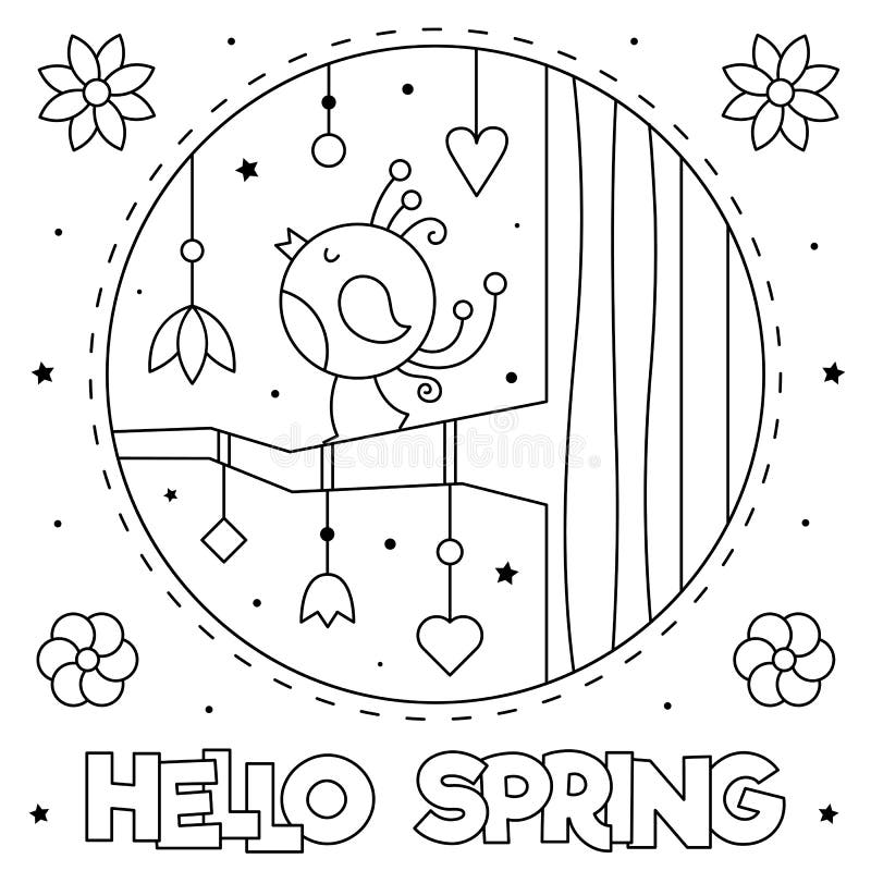 Hello Spring. Coloring Page. Black and White Vector Illustration. Stock ...