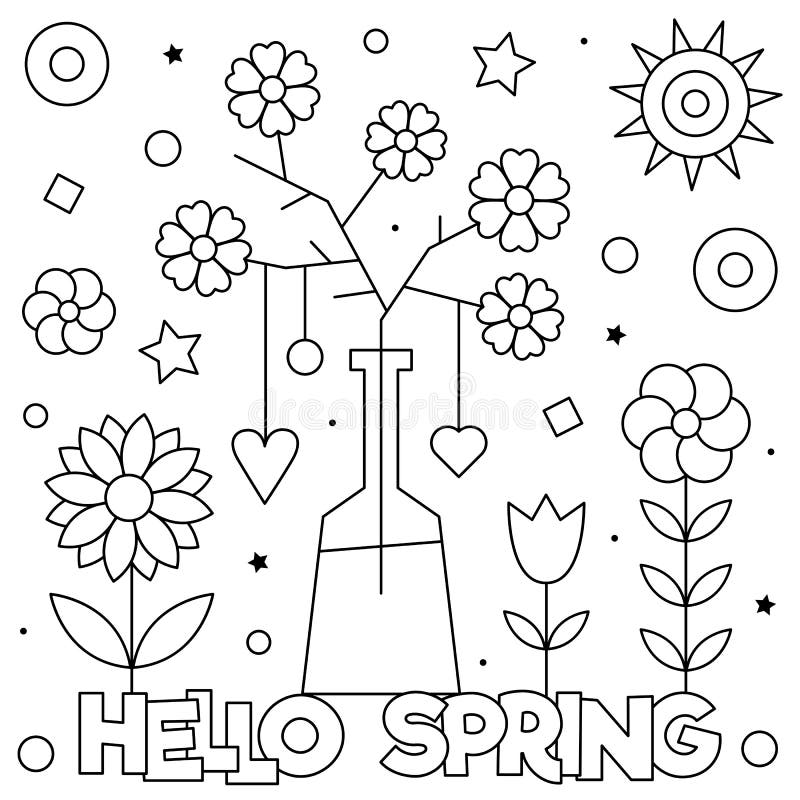 Hello Spring. Coloring Page. Black and White Vector Illustration. Stock ...