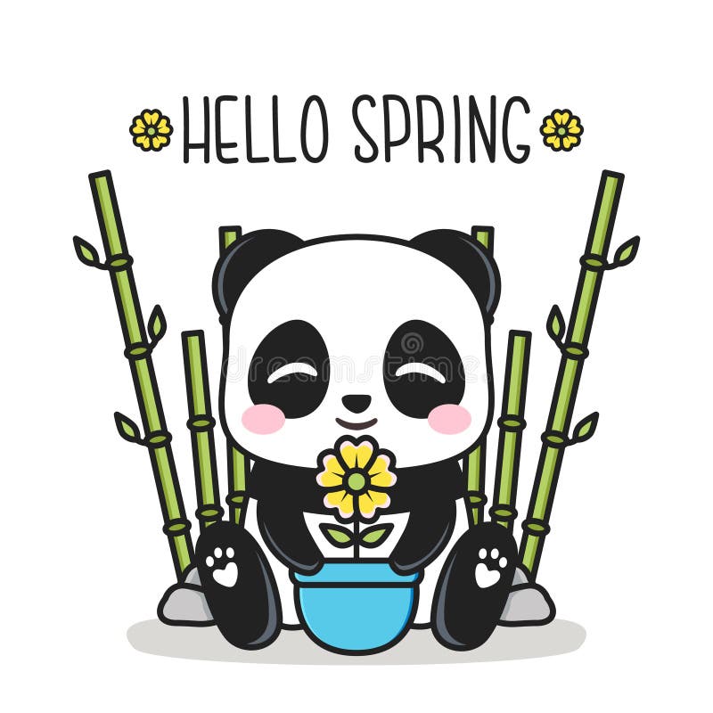 Hello Spring with Cute Panda and Pot of Flower Stock Vector ...
