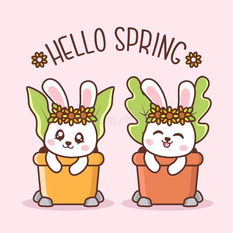Hello Spring with Cute Rabbits Inside Pot Stock Vector - Illustration ...
