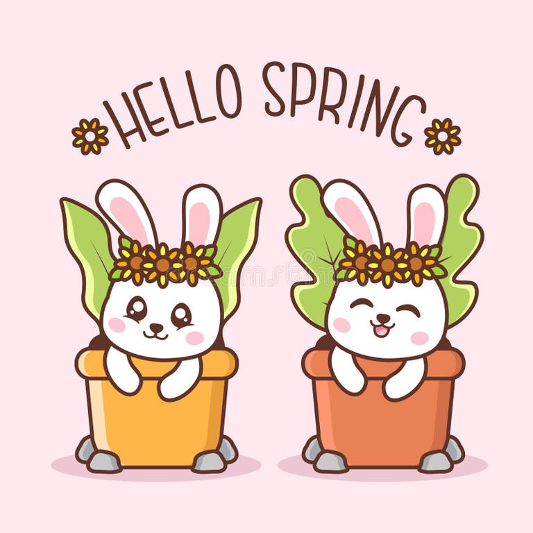 Hello Spring with Cute Rabbits Inside Pot Stock Vector - Illustration ...