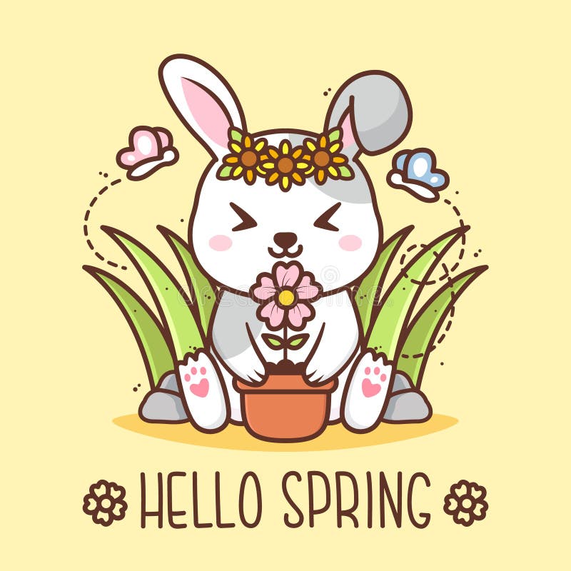 Hello Spring with Cute Rabbits with Pot of Flower Stock Vector ...