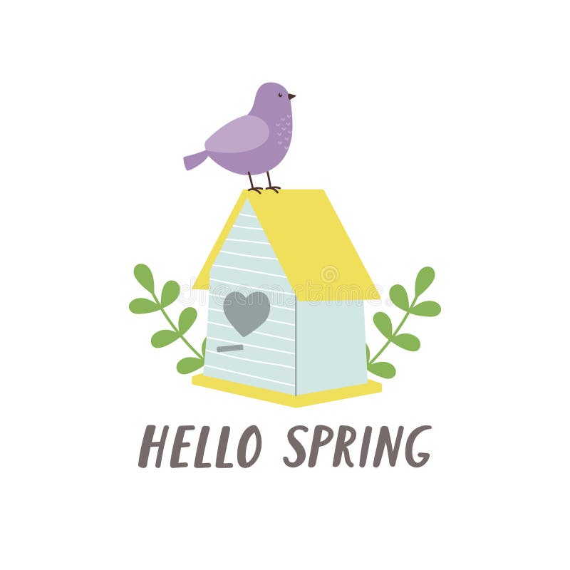 Hello Spring Design with Bird Sitting on Birdhouse. Template for Cards ...