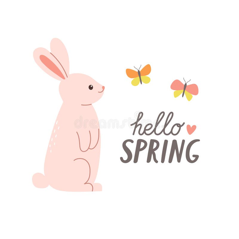 Hello Spring Design with Cute Pink Rabbit and Butterflies. Design ...