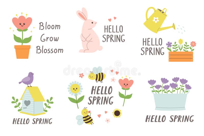 Hello Spring Designs Set with Cute Nature Elements. Template for Cards ...