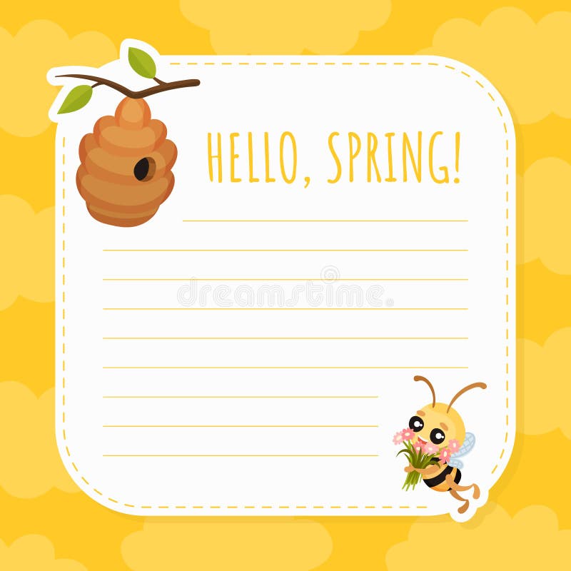 Hello, Spring Empty Sheet with Cute Honey Bee Insect and Hive Vector ...