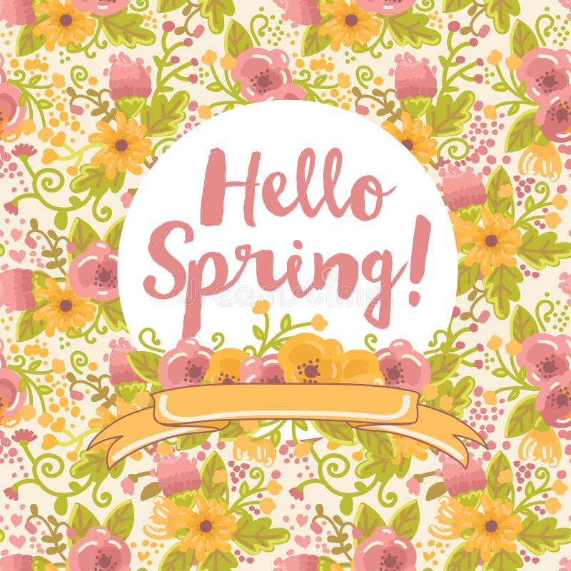 Hello spring floral card stock vector. Illustration of doodle - 73906433